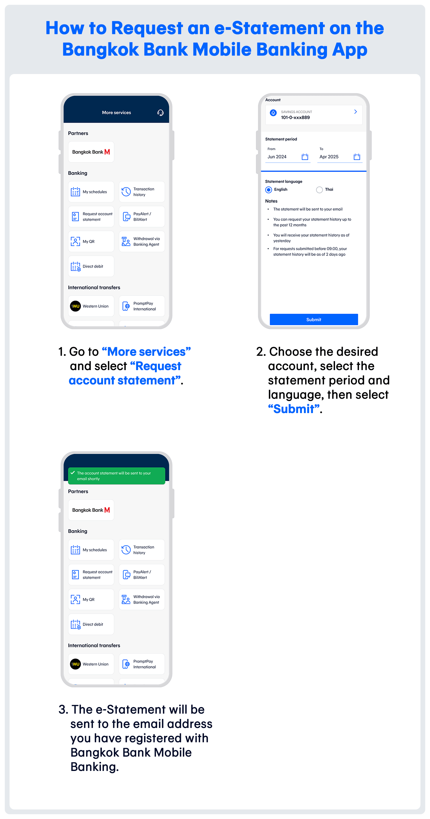 Get your e-Statement via Bangkok Bank Mobile Banking in 1 day